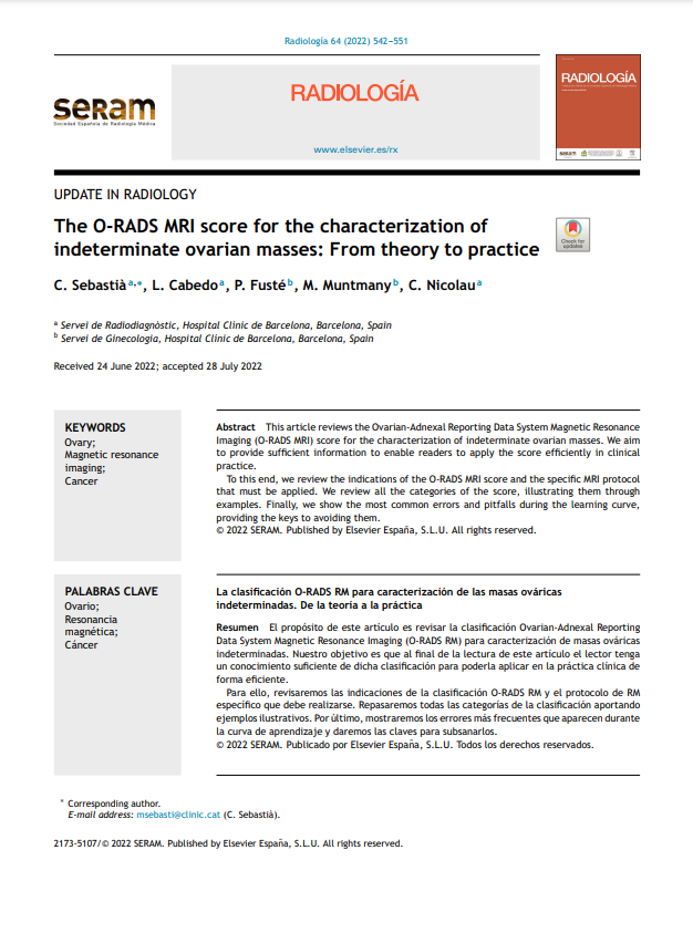 The O-RADS MRI score for the characterization of indeterminate ovarian ...